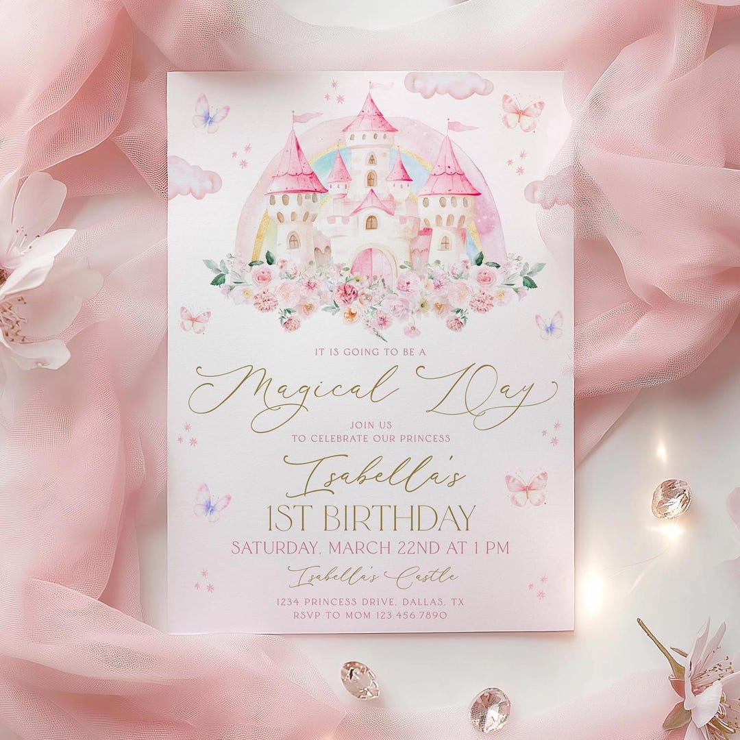 Princess 1st Birthday Invitation Girl, Princess Castle Birthday Invite ...