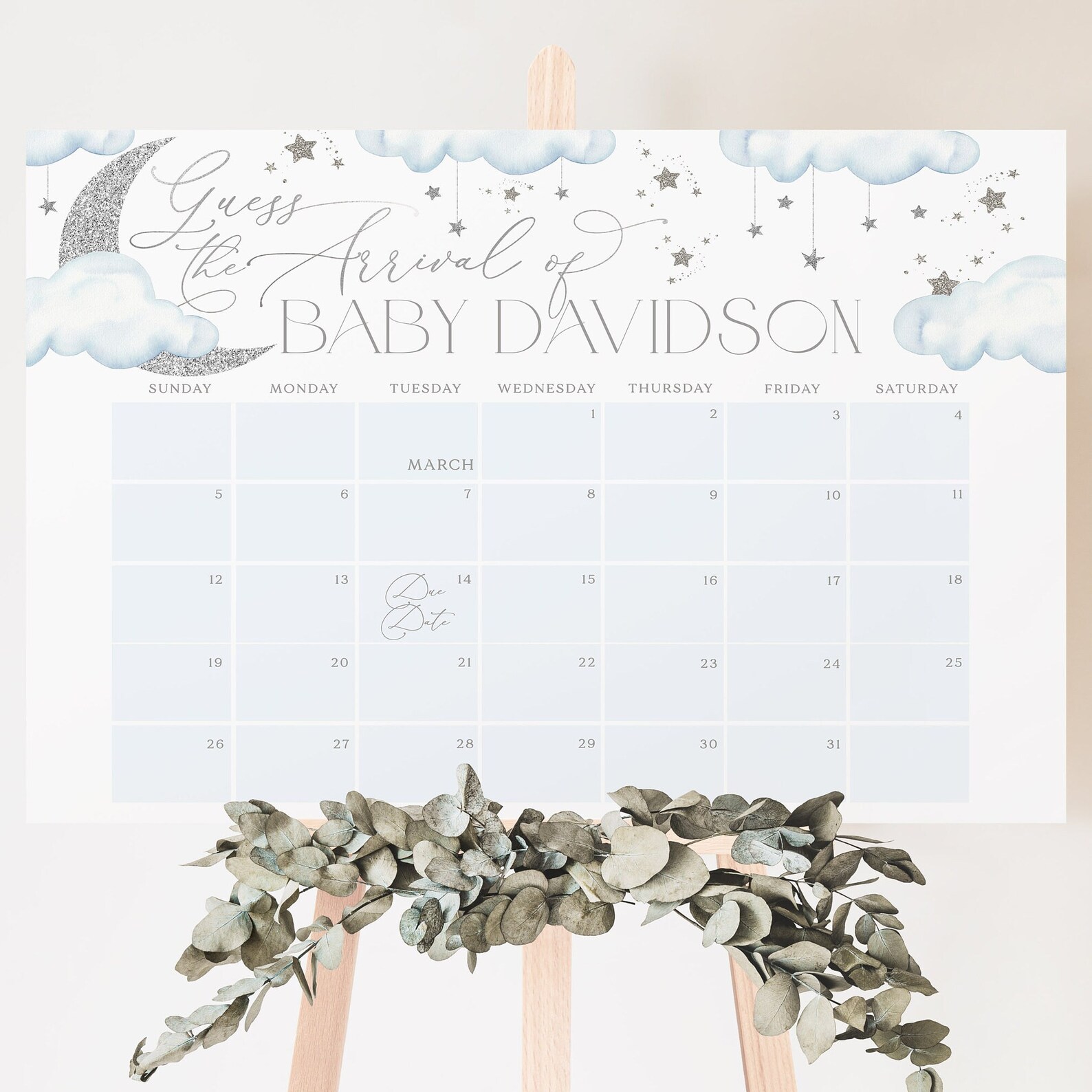 Twinkle Twinkle Star Baby Shower Due Date Calendar Boy, Sliver Over the ...