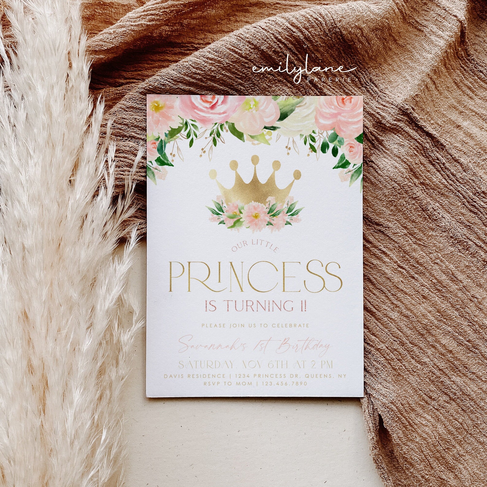 Princess First Birthday Invitation Pink Floral Birthday - Etsy