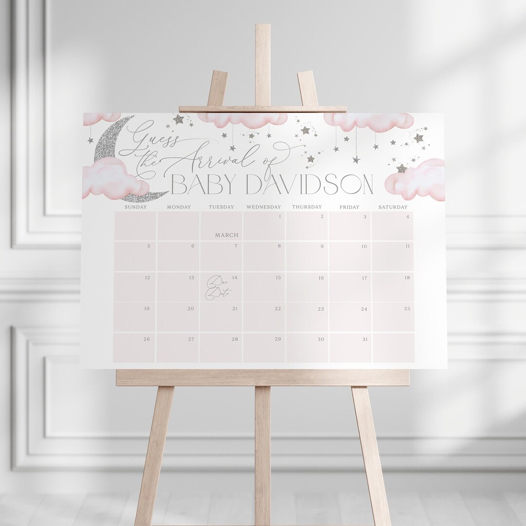 Twinkle Star Baby Shower Due Date Calendar Girl, Pink Silver Over the ...