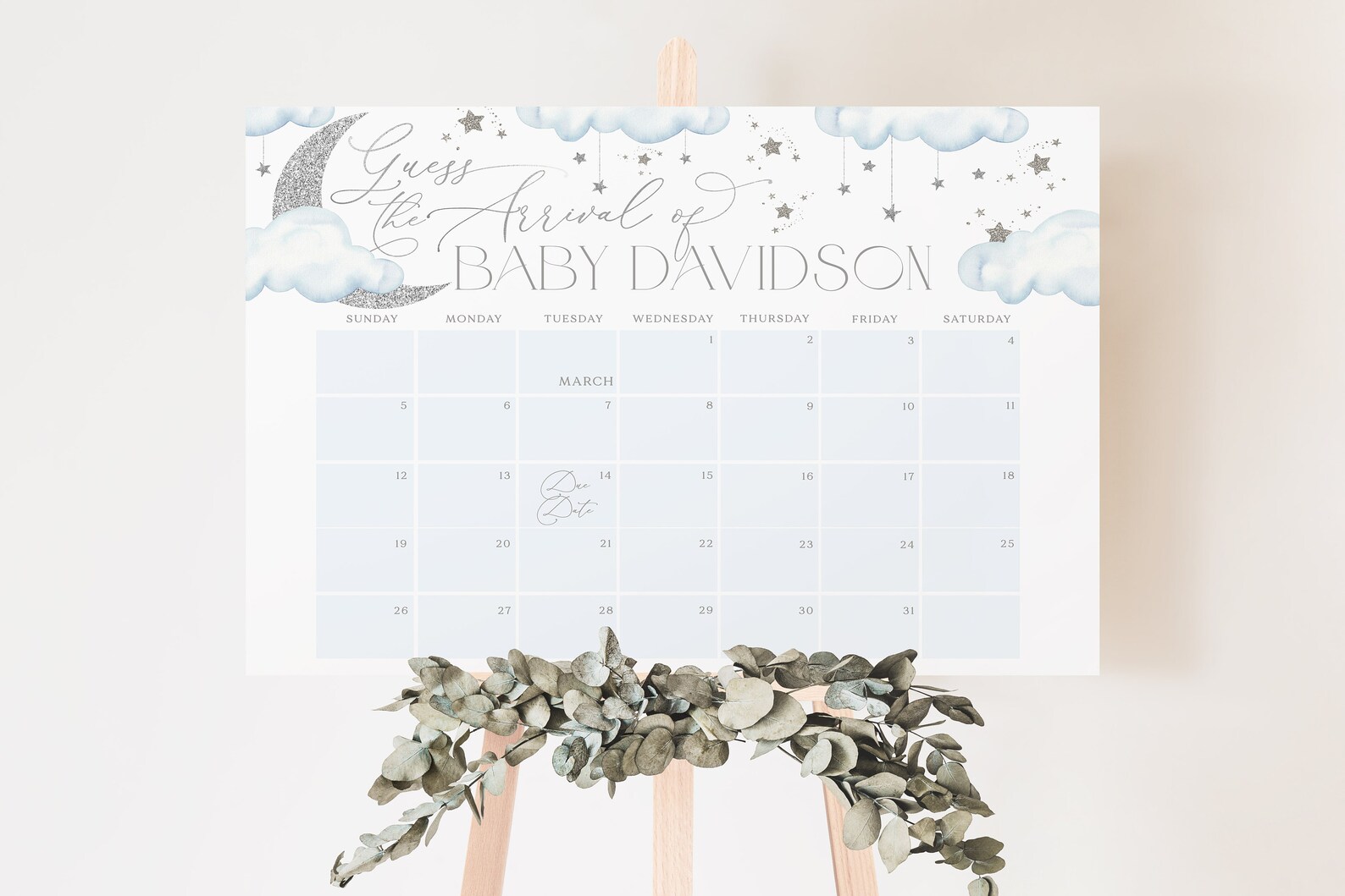 Twinkle Twinkle Star Baby Shower Due Date Calendar Boy, Sliver Over the ...