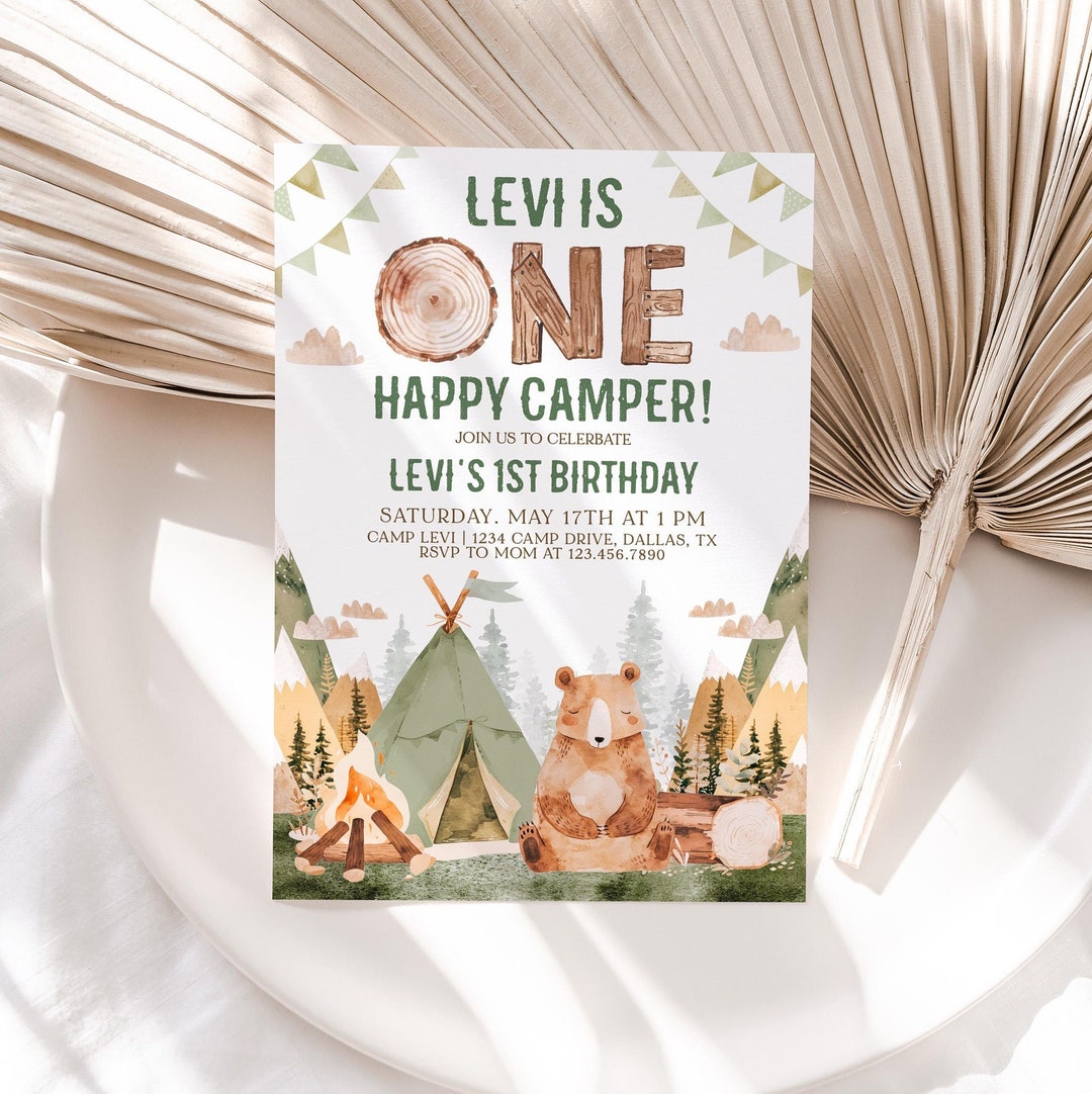 One Happy Camper Birthday Invite Boy, Happy Camper Invitation, Camping ...