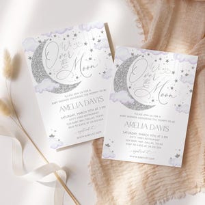 Over the Moon Invitation Template, Silver Moon and Stars Baby Shower ...