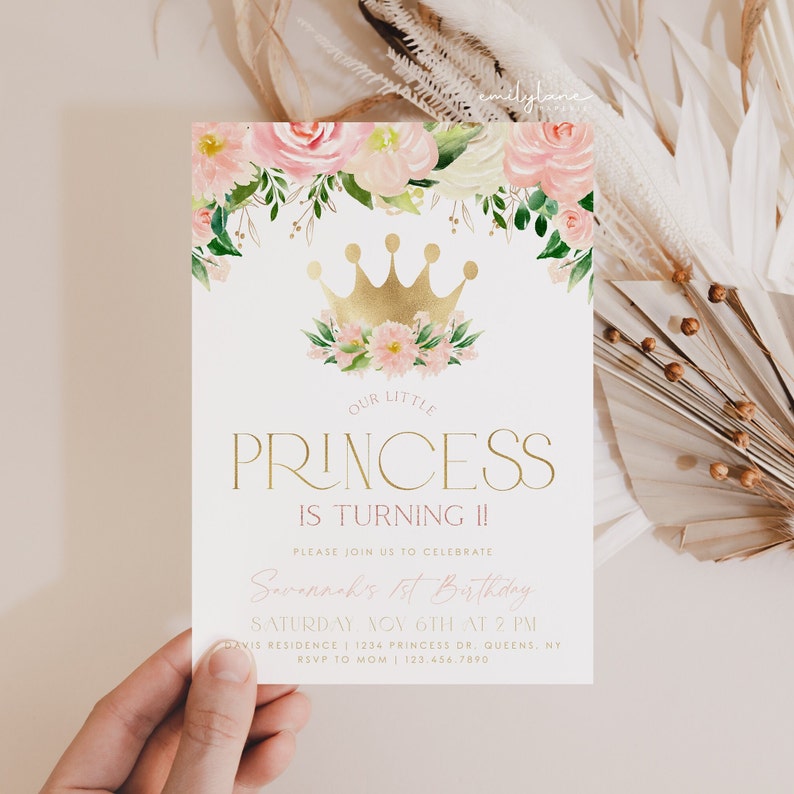Princess First Birthday Invitation Pink Floral Birthday - Etsy