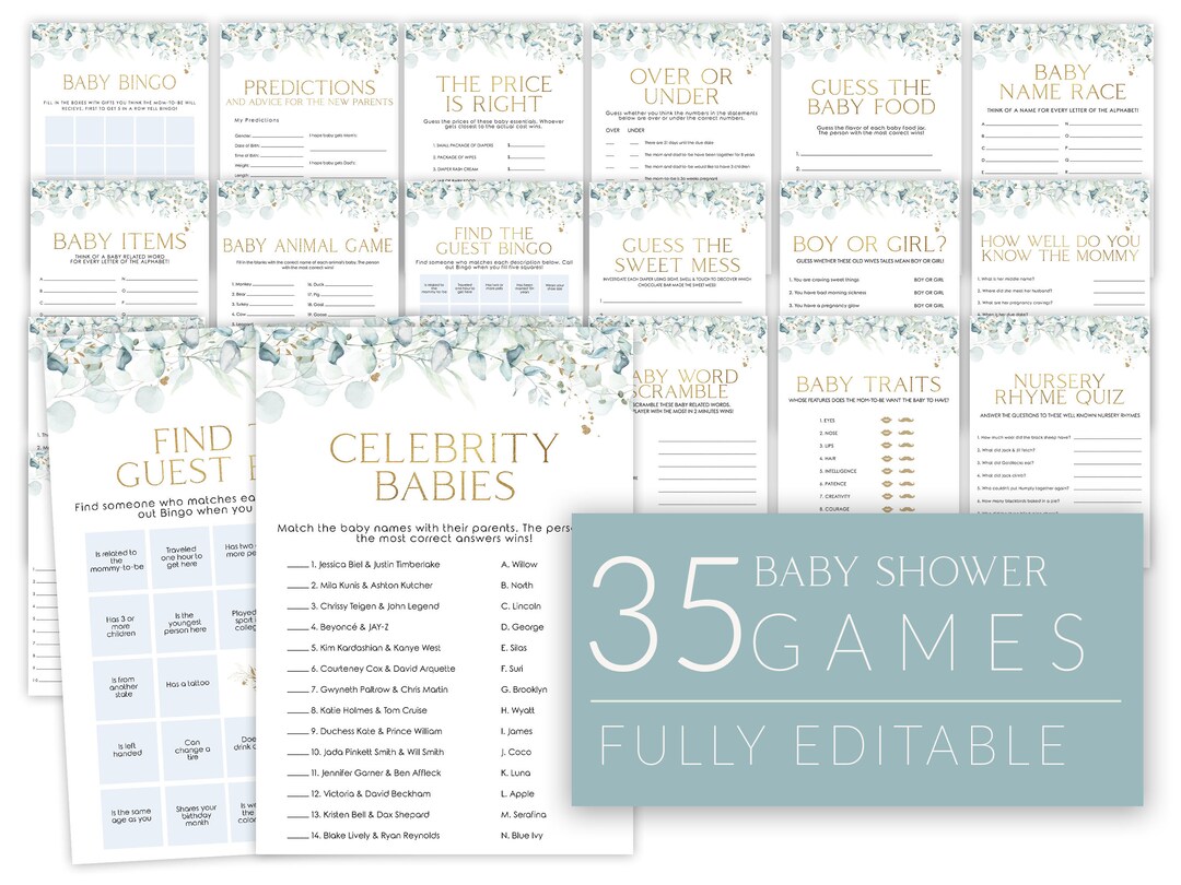 Greenery Baby Shower Games, Baby Shower Editable Games, Printable Games ...