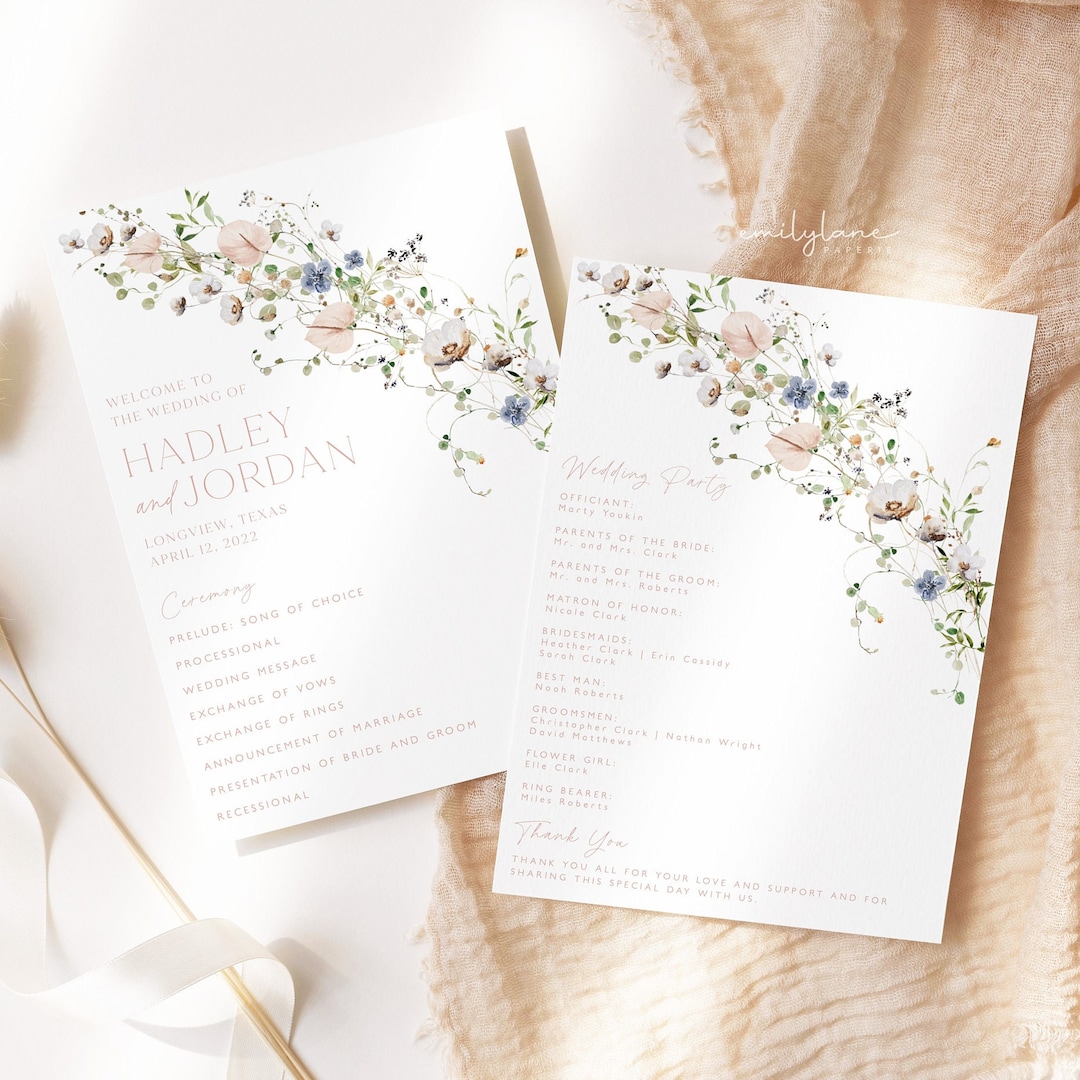 Wildflower Wedding Program Template, Floral Wedding Program, Wedding ...