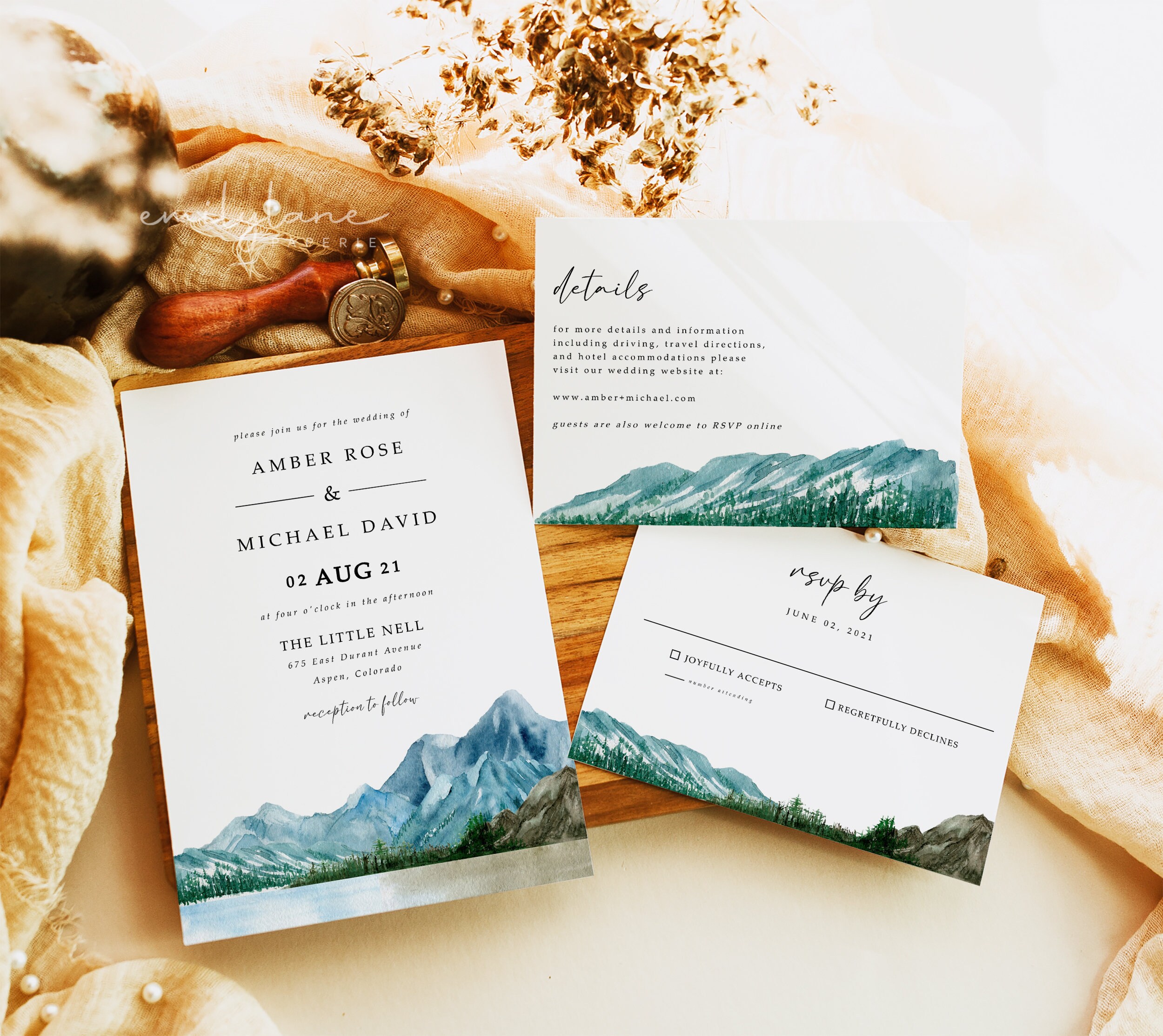 Mountain Lake Wedding Invitation Template Suite Lake Wedding | Etsy