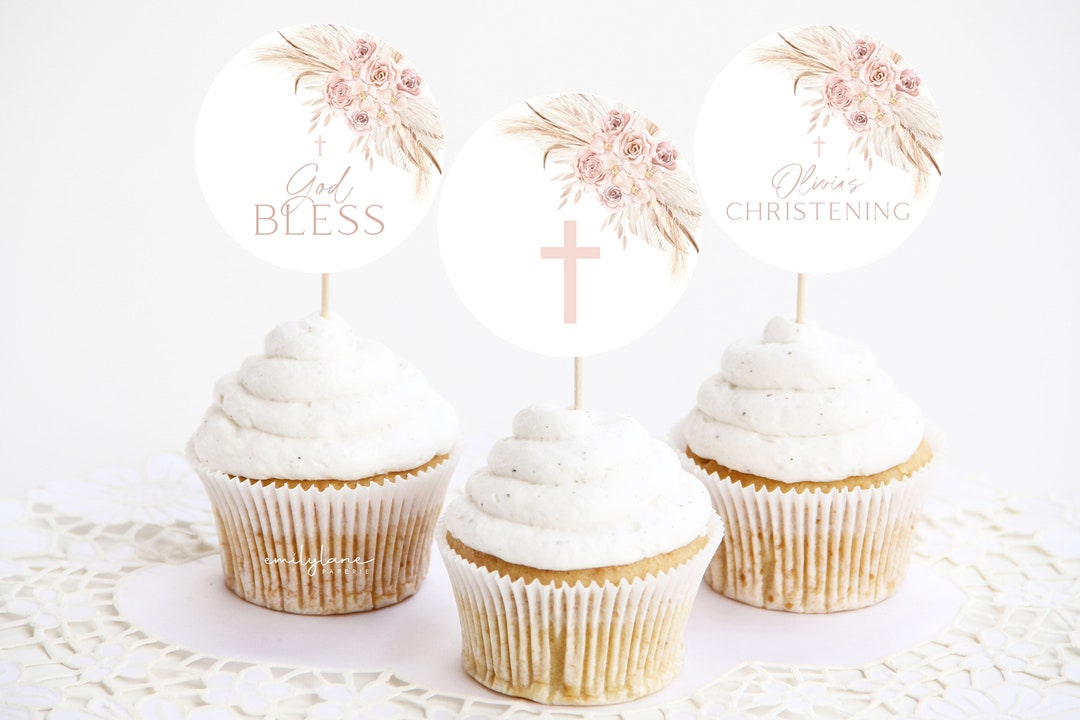 Baptism Cupcake Toppers, Christening Cupcake Toppers, Printable Pink ...