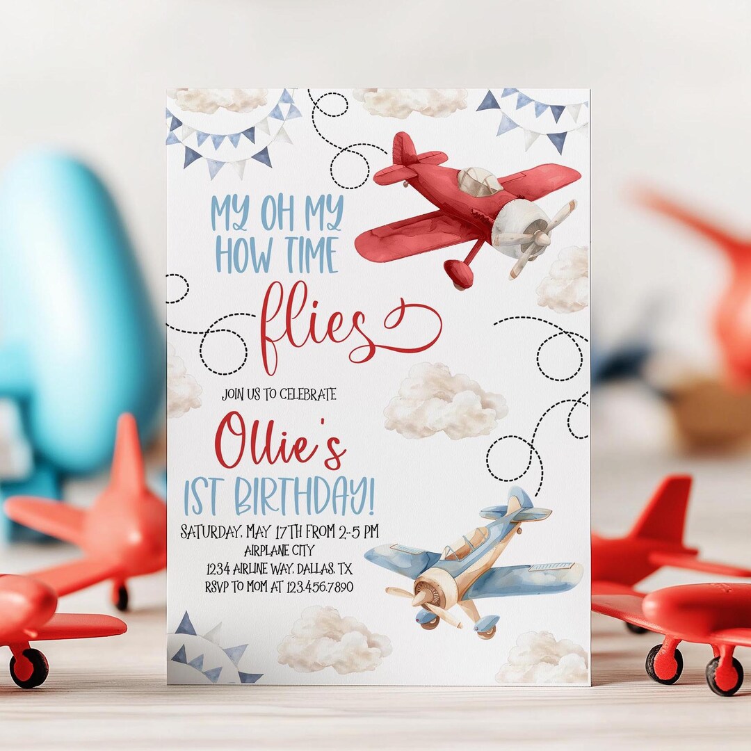 Airplane 1st Birthday Invitation, Time Flies 1st Birthday Invitation ...