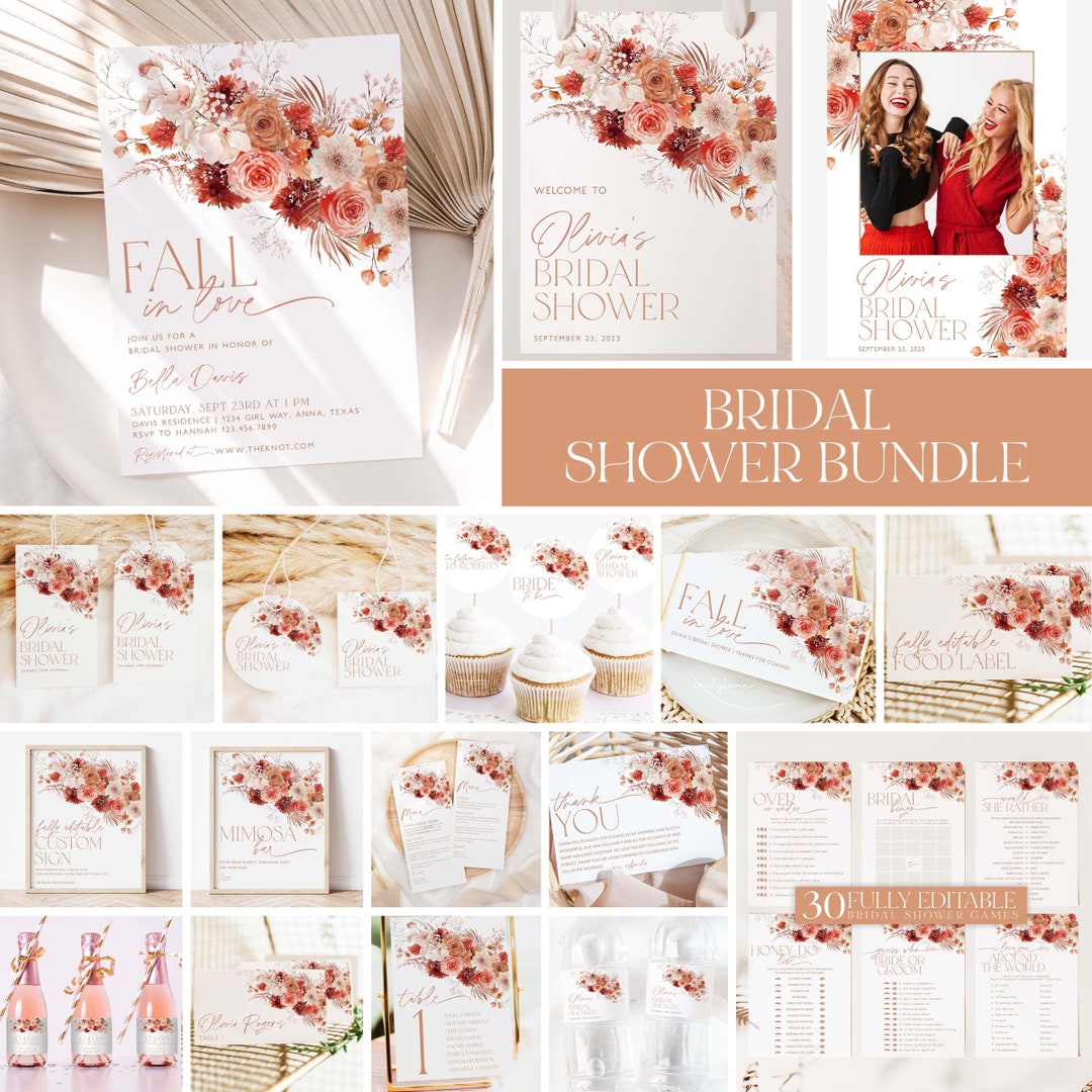 Boho Fall in Love Bridal Shower Invitation Bundle, Boho Floral Bridal ...