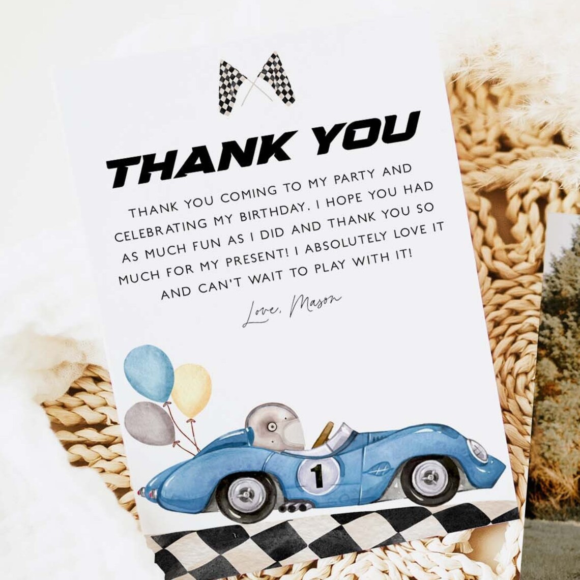 Race Car Birthday Thank You Card, Fast One Birthday Thank You, Blue ...