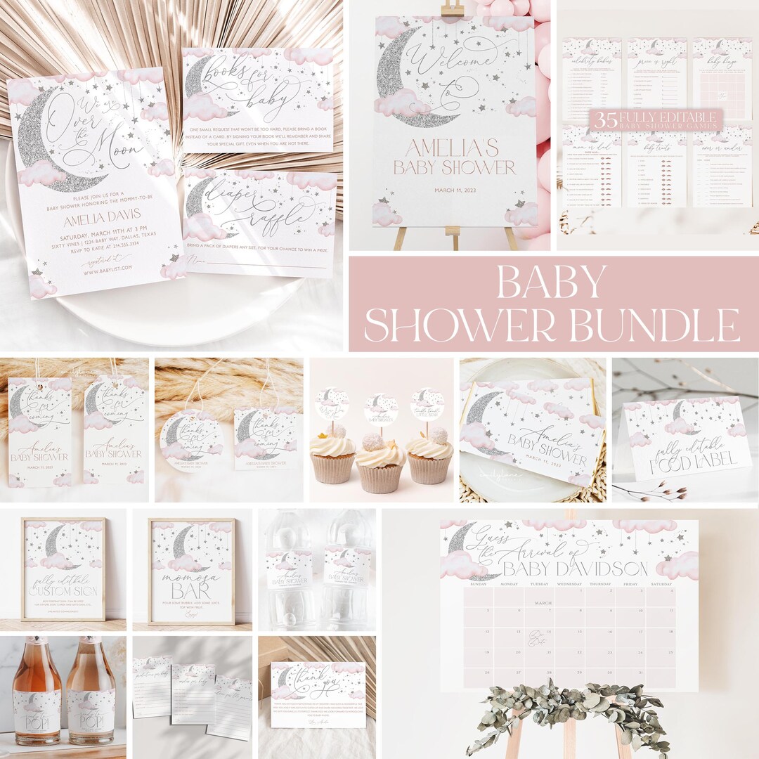 Over the Moon Baby Shower Invitation Bundle, Pink Silver Baby Shower ...