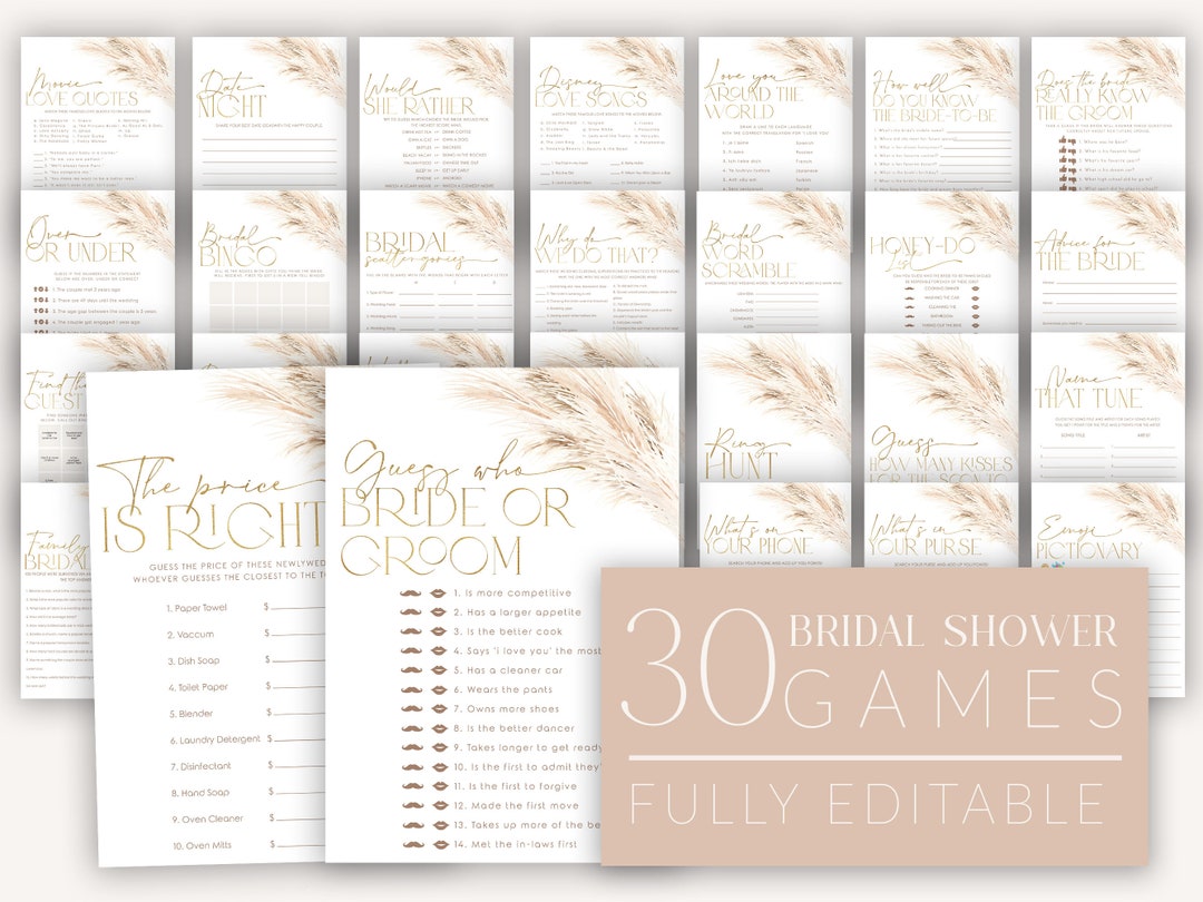 Boho Bridal Shower Games, Boho Pampas Grass Bridal Shower Editable ...