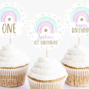 Pastel Rainbow Cupcake Toppers, Pastel Birthday Cupcake Toppers, 1st ...