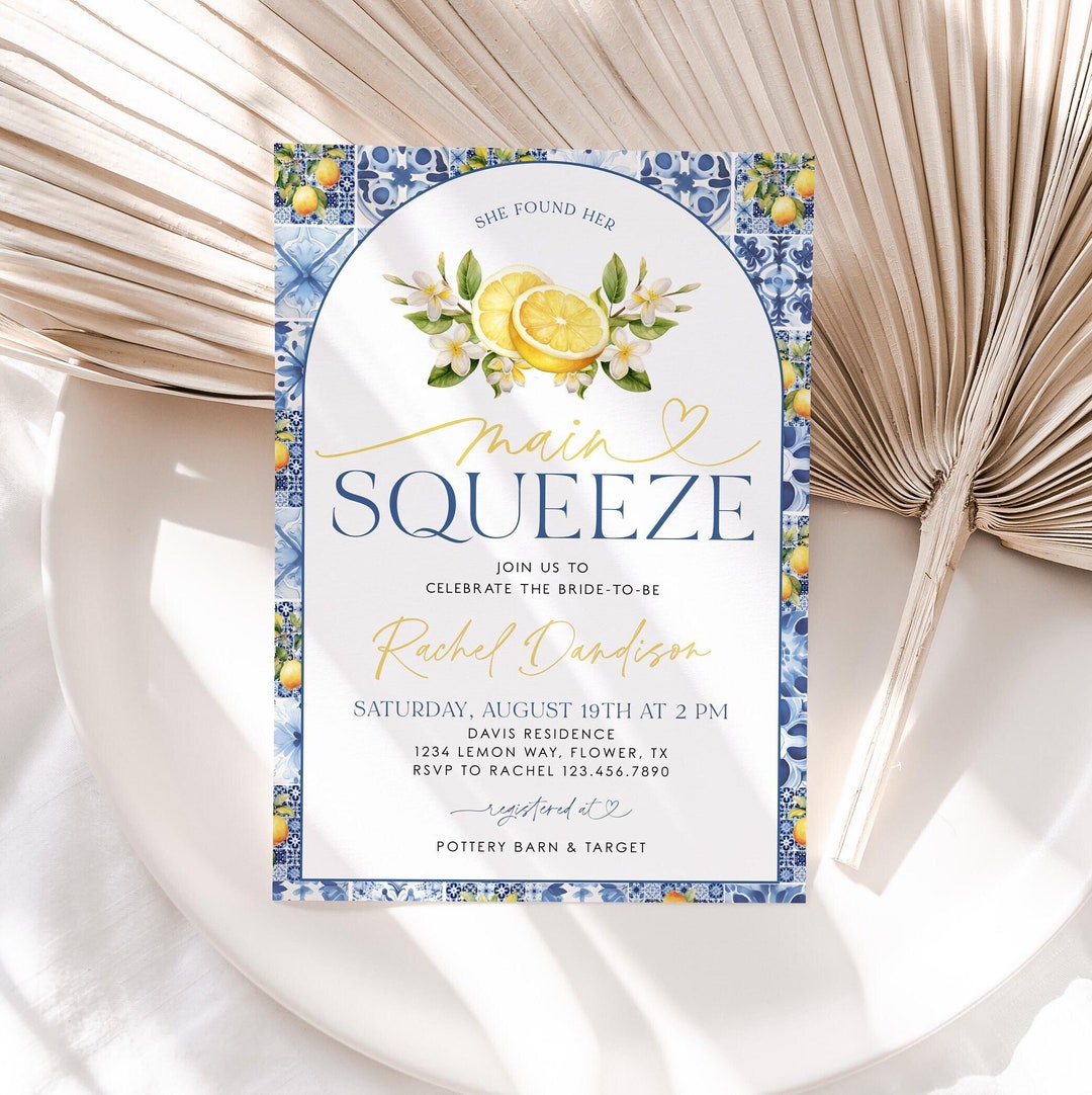 Lemon Mediterranean Bridal Shower Invite, Italian Blue Tiles Bridal ...