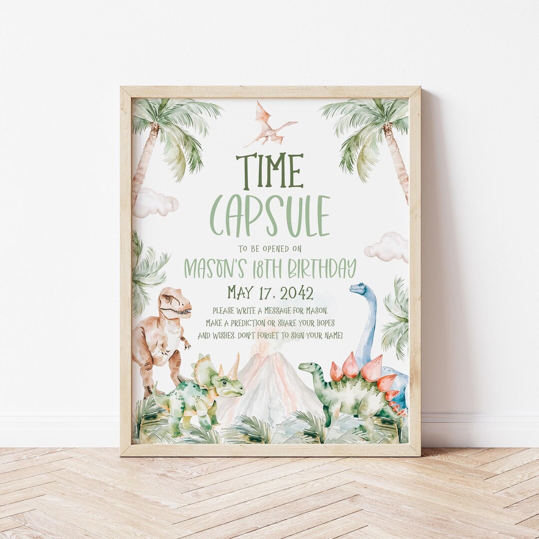 Dinosaur Time Capsule Sign Printable, Dino 1st Birthday Time Capsule ...