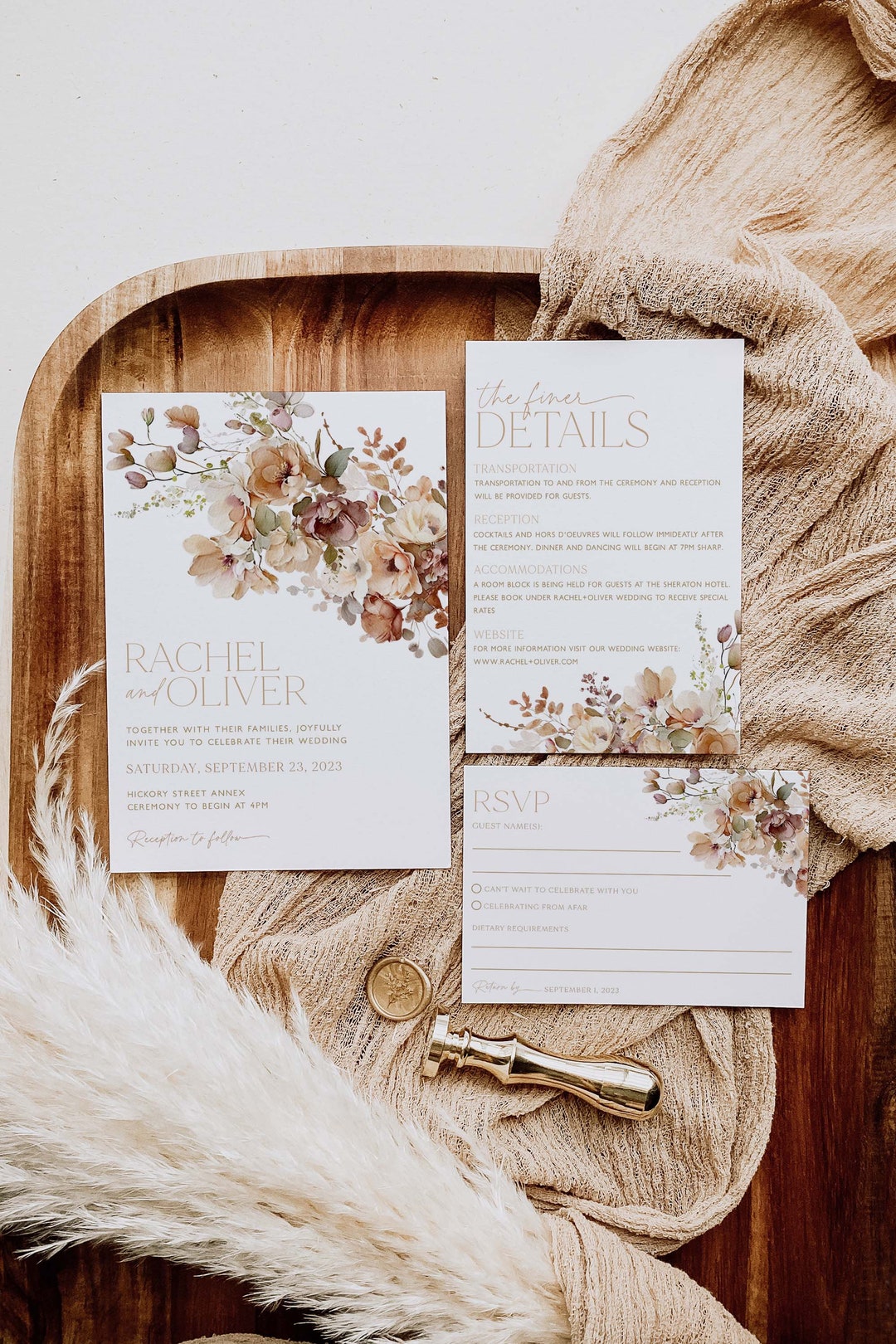 Fall Floral Wedding Invitation Template Set, Floral Wedding Invitation ...