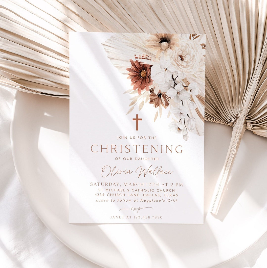 Boho Christening Invitation, Boho Baptism Invitation Template ...
