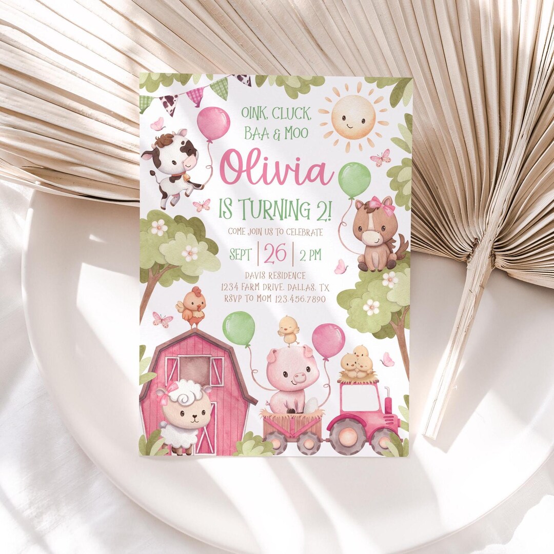 Farm Animal Birthday Invitation Girl: Pink Barn, Canva Template ...