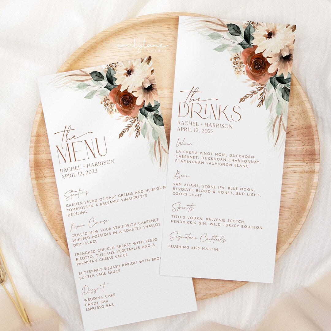 Boho Wedding Menu Template, Boho Floral Wedding Menu, Wedding Menu ...