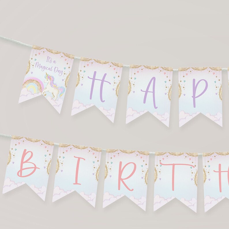 Unicorn Happy Birthday Banner, Pastel Unicorn and Rainbow Happy ...