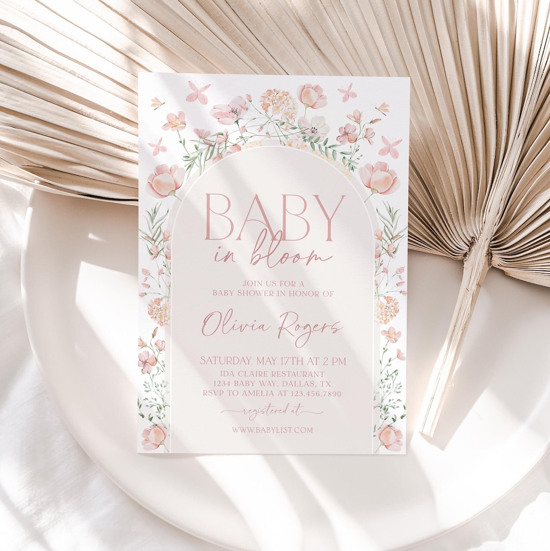 Baby in Bloom Invitation, Boho Arch Floral Baby Shower Invitation, Pink ...