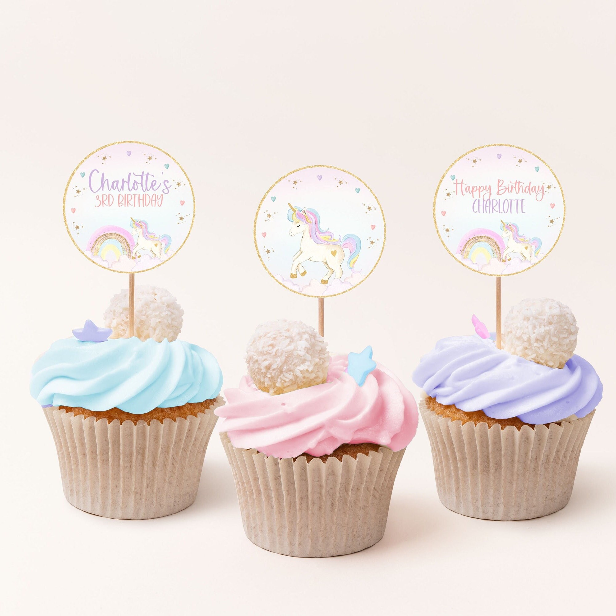 Unicorn Birthday Cupcake Toppers, Rainbow Birthday Cupcake Toppers ...