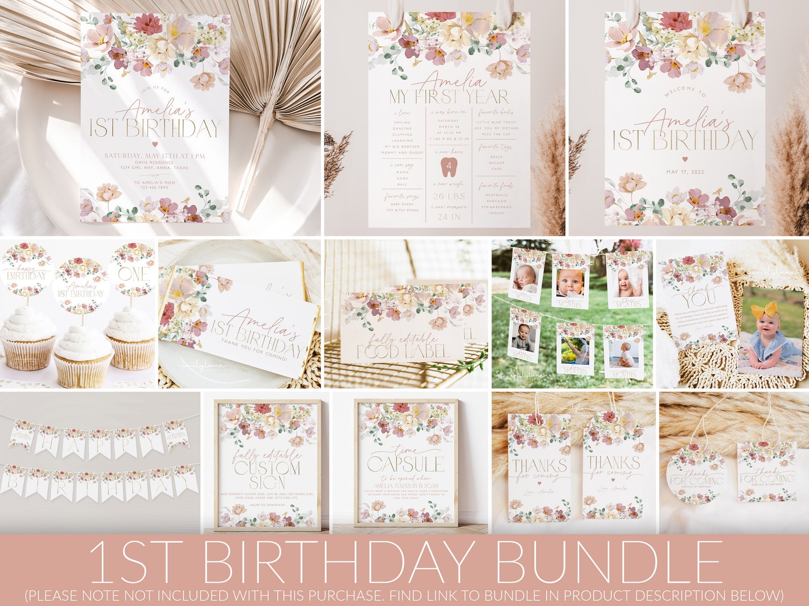 First Birthday Invitation Girl, Floral 1st Birthday Invite, Girls ...