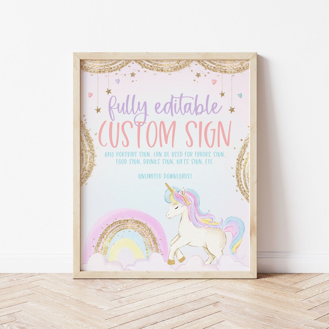 Unicorn Custom Editable Sign, Pastel Unicorn Birthday Custom 8x10 Sign ...