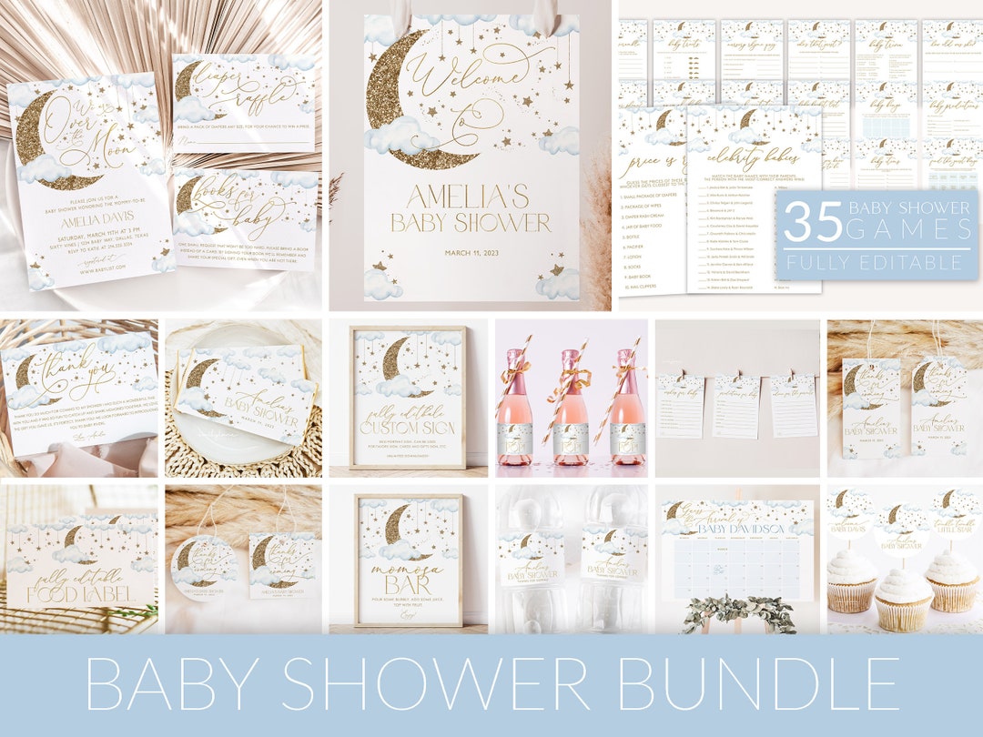 Over the Moon Baby Shower Invitation Bundle, Blue Gold Baby Shower Moon ...
