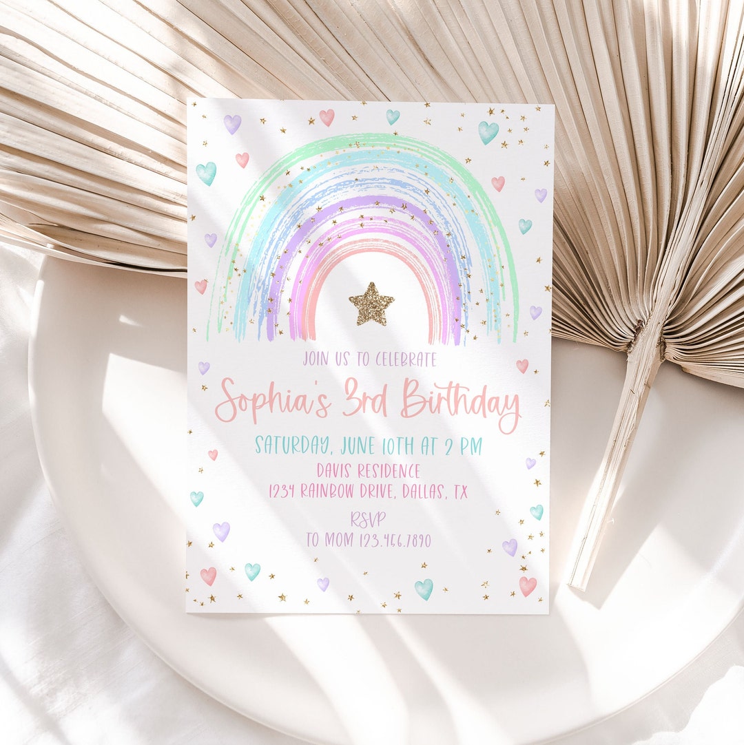 Pastel Rainbow Birthday Invitation, Pastel 3rd Birthday Invite, Rainbow ...