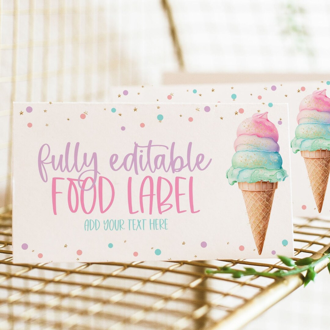 Editable Food Labels, Pastel Food Label Card, Ice Cream Birthday Food ...