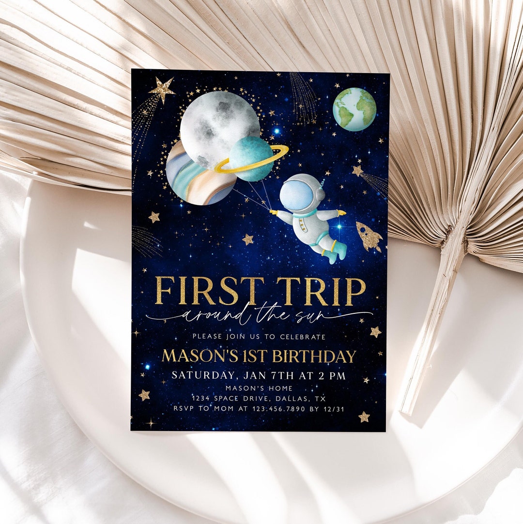 First Trip Around the Sun Birthday Invitation Boy, Boys 1st Birthday Space Invitation, Sun ...