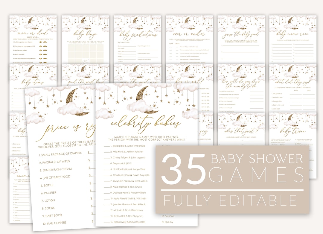 Twinkle Twinkle Star Baby Shower Games, Gold Moon Stars Baby Shower ...
