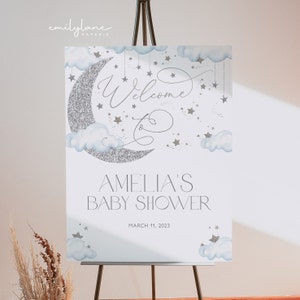 Blue Moon Stars Baby Shower Welcome Sign, Silver Over the Moon Welcome ...