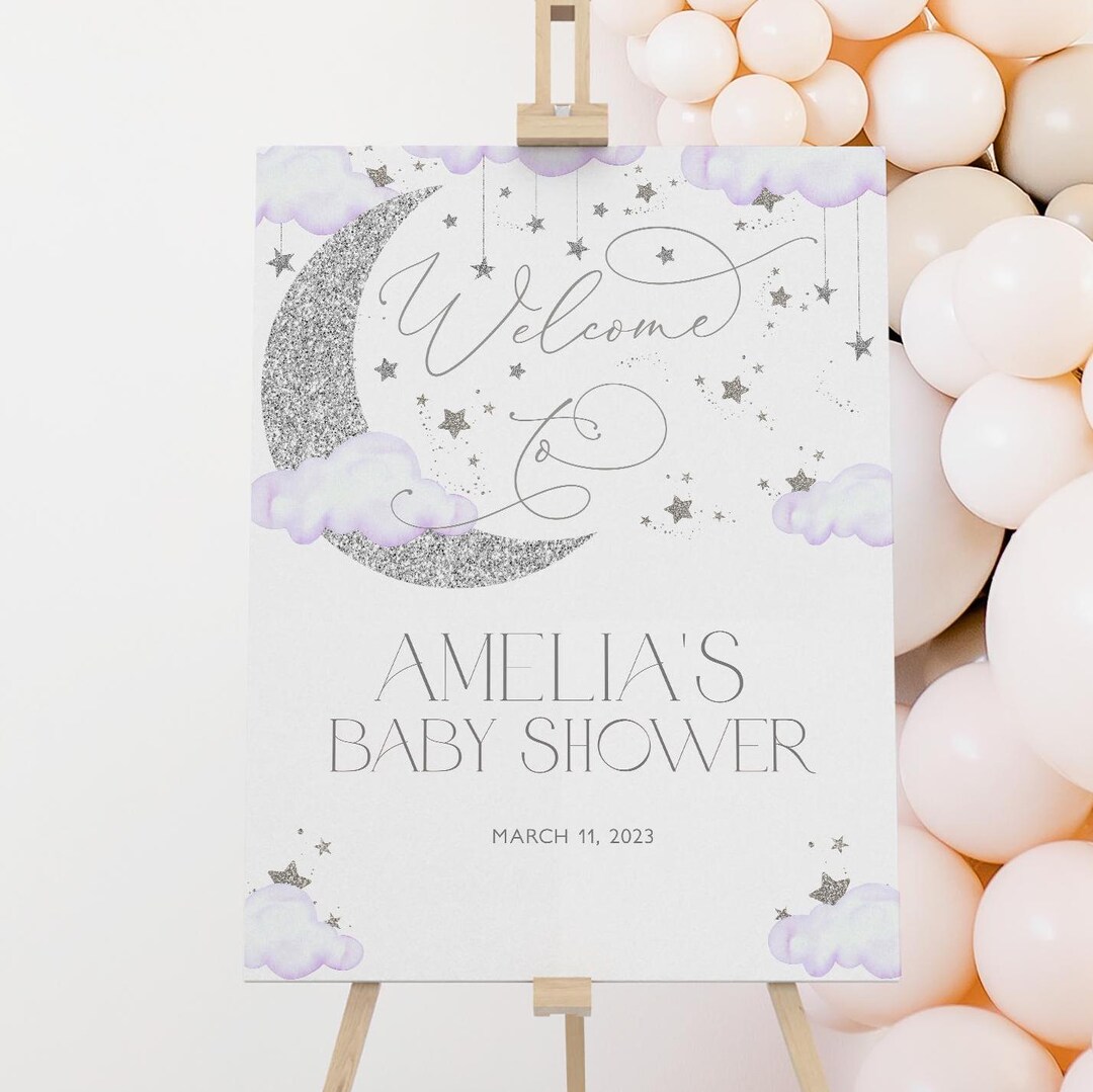 Moon Stars Baby Shower Welcome Sign, Silver Over the Moon Welcome Sign ...