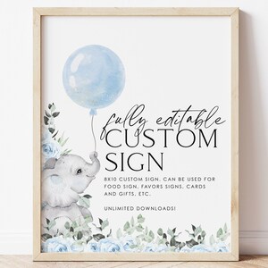 Elephant Blue Editable Sign, Custom 8x10 Sign, Elephant Boy Baby Shower ...