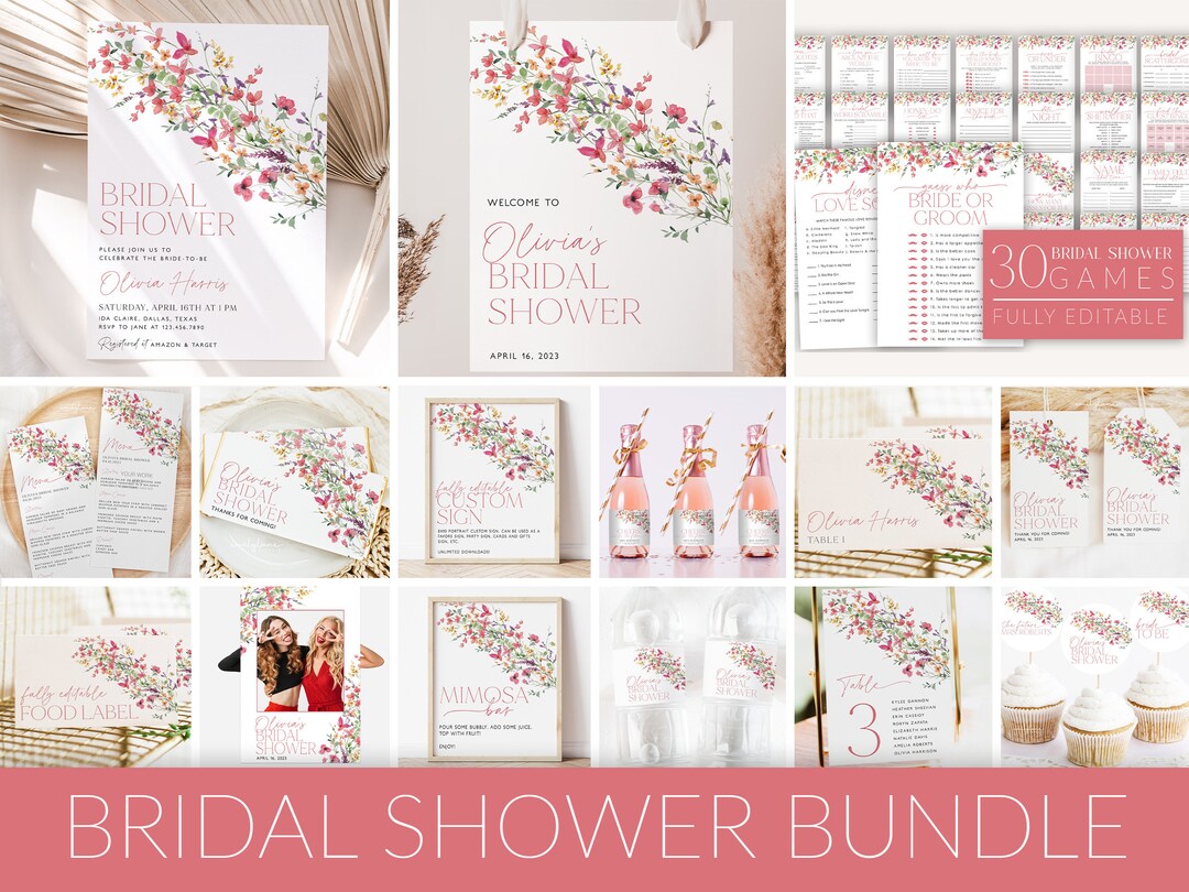 Pink Wildflower Bridal Shower Invitation Bundle, Bridal Shower ...