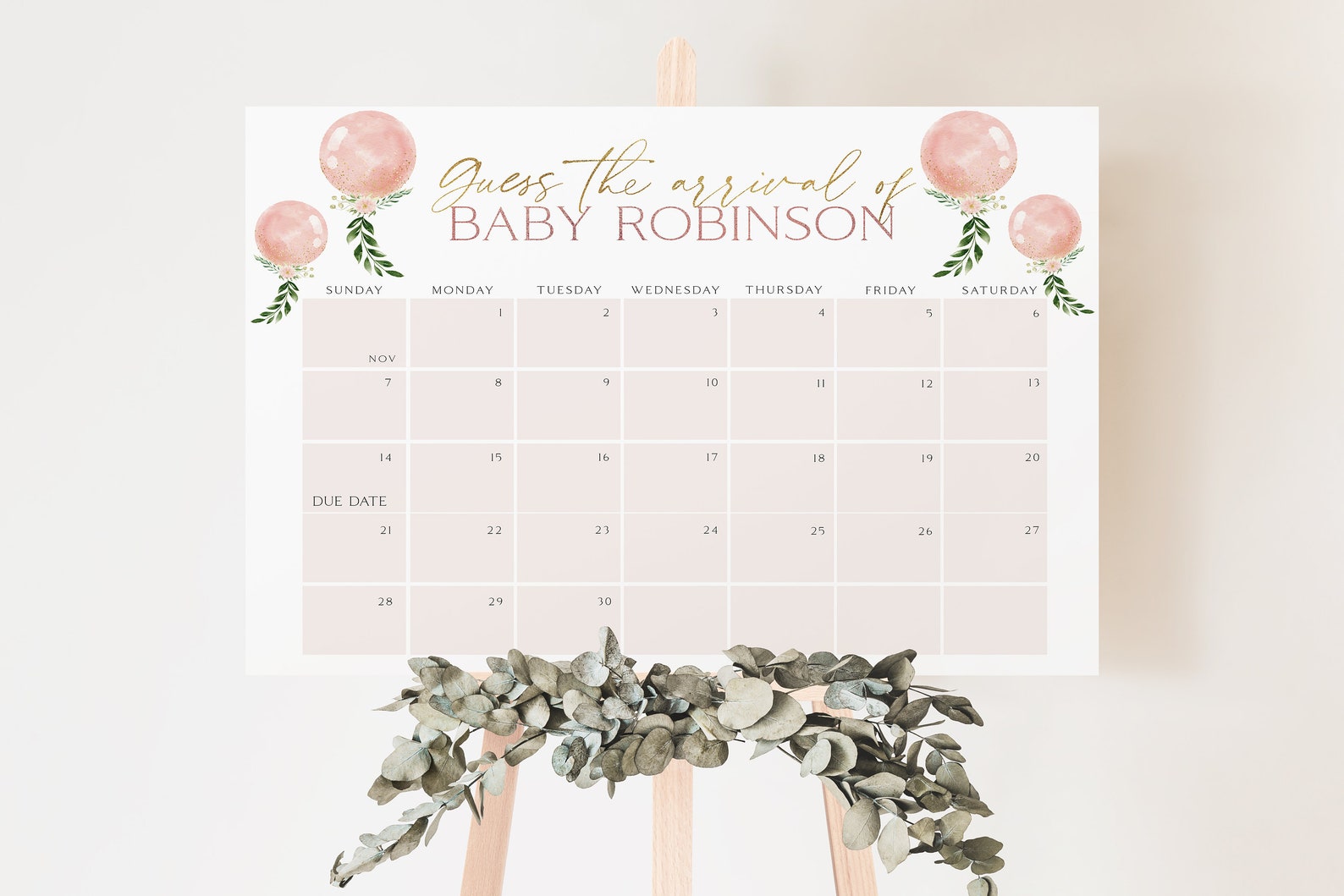 Pink Baby Shower Due Date Calendar Balloon Baby Birth Date - Etsy