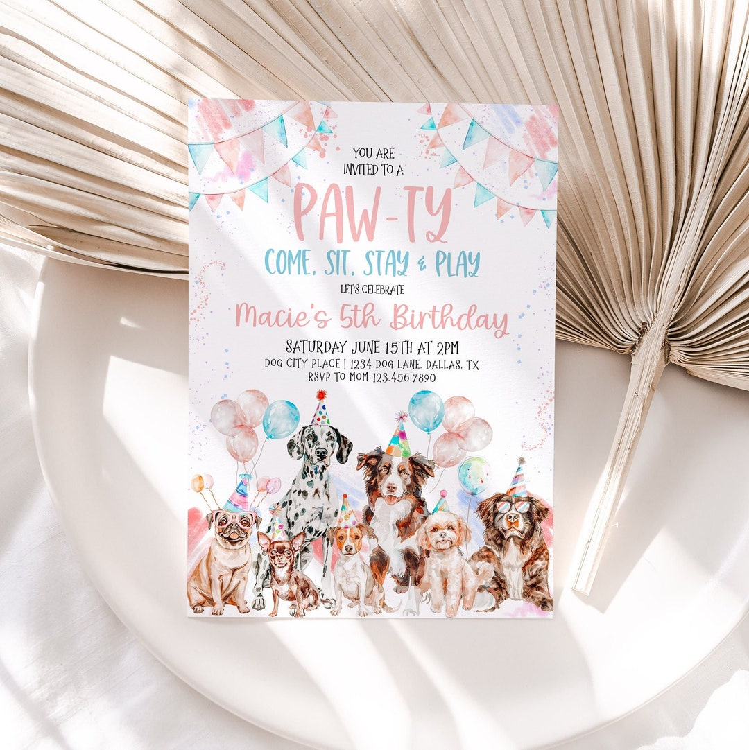 Dog Birthday Invitation Template, Puppy Party, Let's Pawty Dog Birthday ...