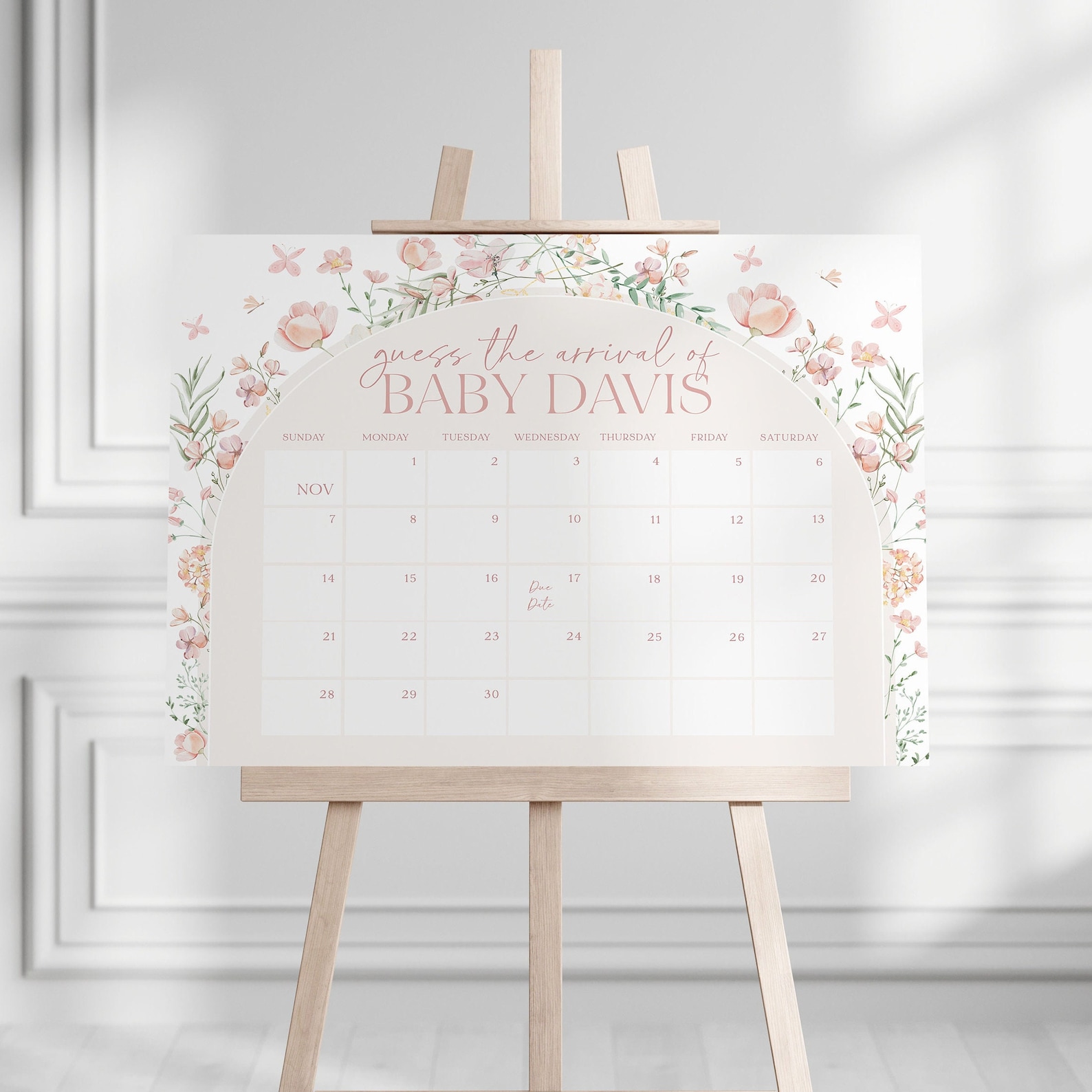 Floral Baby Shower Due Date Calendar, Birth Date Sign, Baby Arrival ...