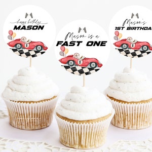 Fast One Birthday Cupcake Toppers, Red Race Car Birthday Cupcake ...