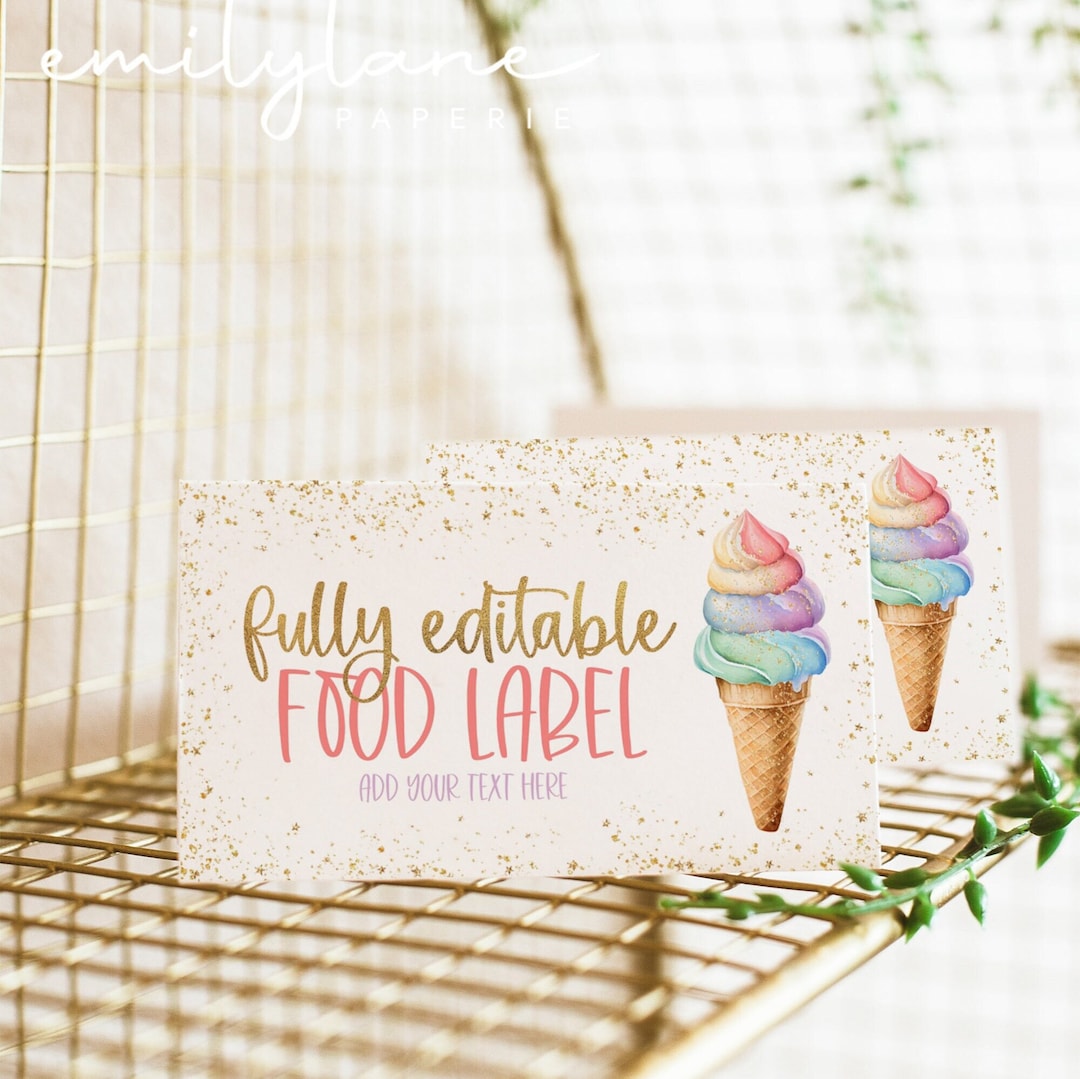 Editable Food Labels, Rainbow Food Label Card, Ice Cream Birthday Food ...