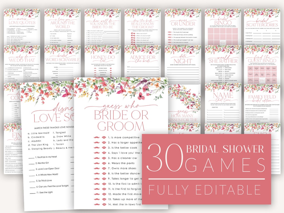 Pink Wildflower Bridal Shower Games, Floral Bridal Shower Editable ...