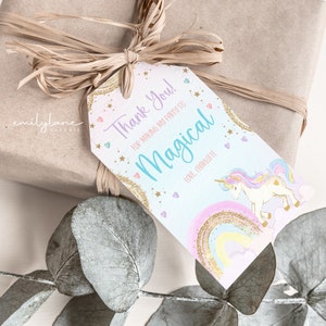 Unicorn Birthday Favor Tag, Pastel Unicorn and Rainbows Thank You Tag ...