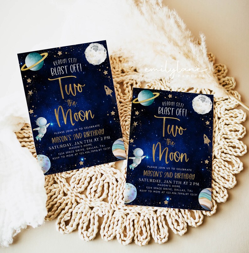 Two the Moon Birthday Invitation Boy Outer Space Birthday - Etsy