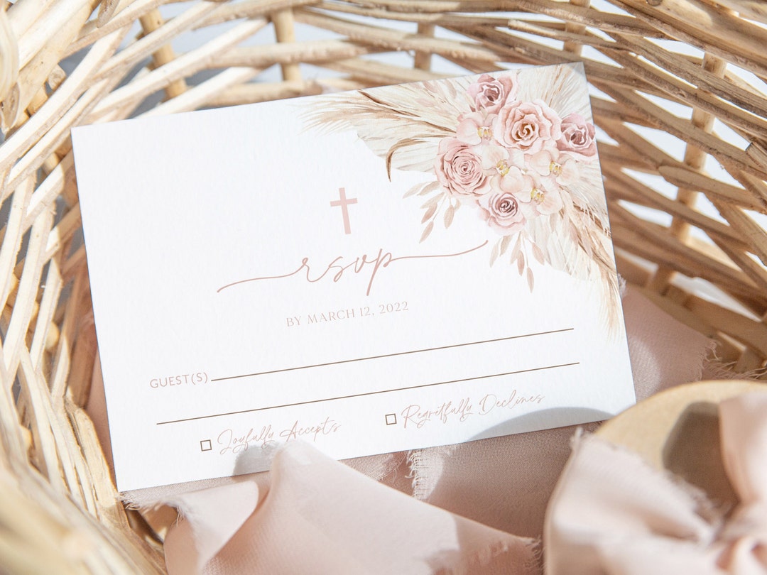 Baptism RSVP Card, Boho Pink RSVP Card, Christening RSVP, Response Card ...