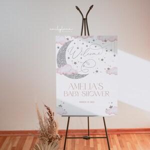 Pink Moon Stars Baby Shower Welcome Sign, Silver Over the Moon Welcome ...