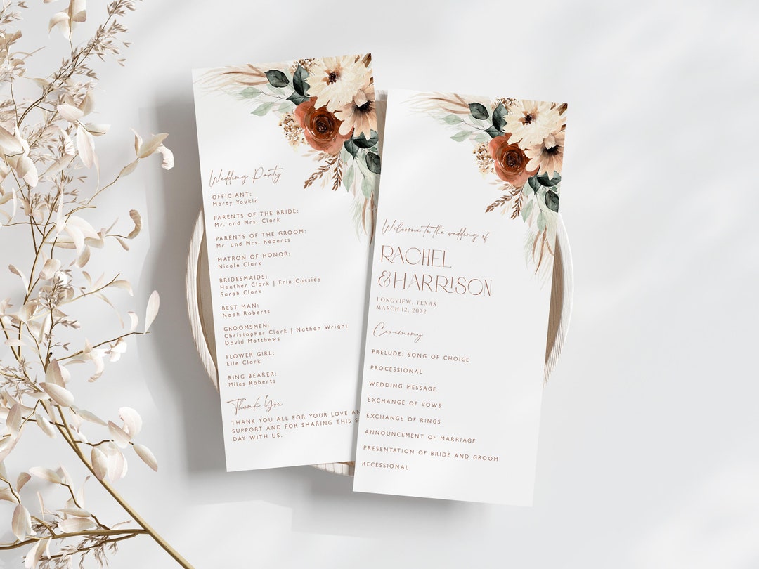 Boho Floral Wedding Program, Printable Order of Service, Boho Wedding ...