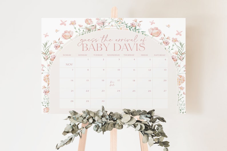 Floral Baby Shower Due Date Calendar, Birth Date Sign, Baby Arrival ...